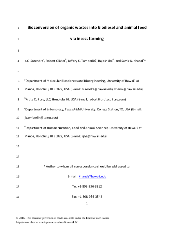 (PDF) Bioconversion of organic wastes into biodiesel and animal feed ...