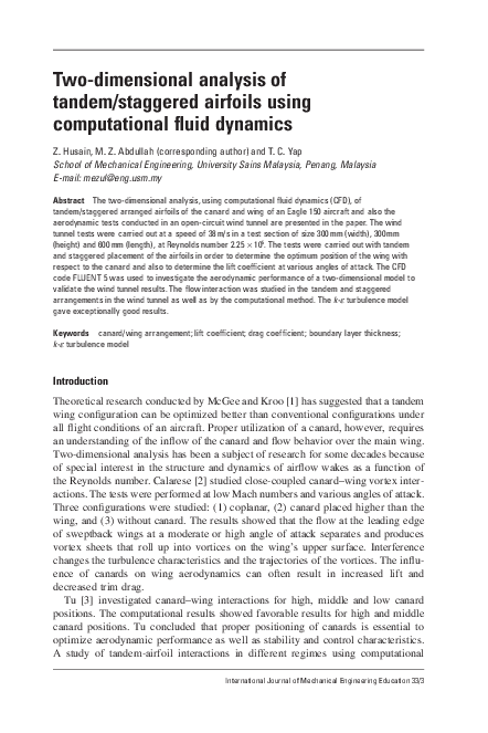 Pdf Two Dimensional Analysis Of Tandemstaggered Airfoils Using Computational Fluid Dynamics