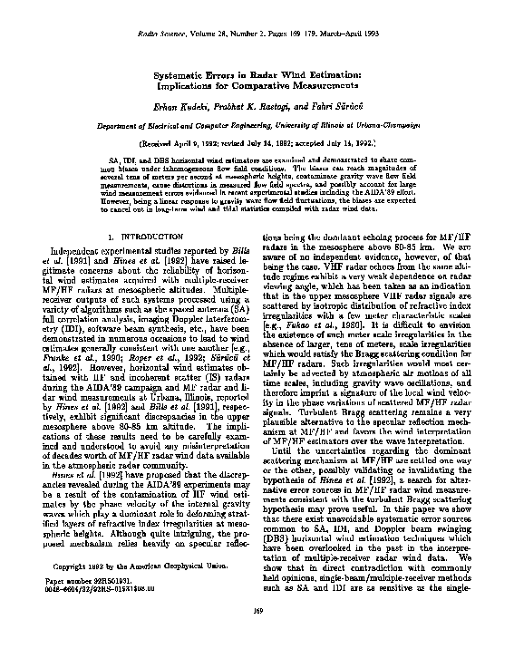 (PDF) Systematic Errors in Radar Wind Estimation: Implications for Comparative Measurements