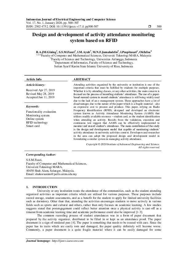 Pdf Design And Development Of Activity Attendance Monitoring System Based On Rfid Ira 