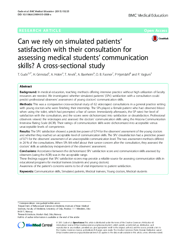 (PDF) Can we rely on simulated patients’ satisfaction with their ...