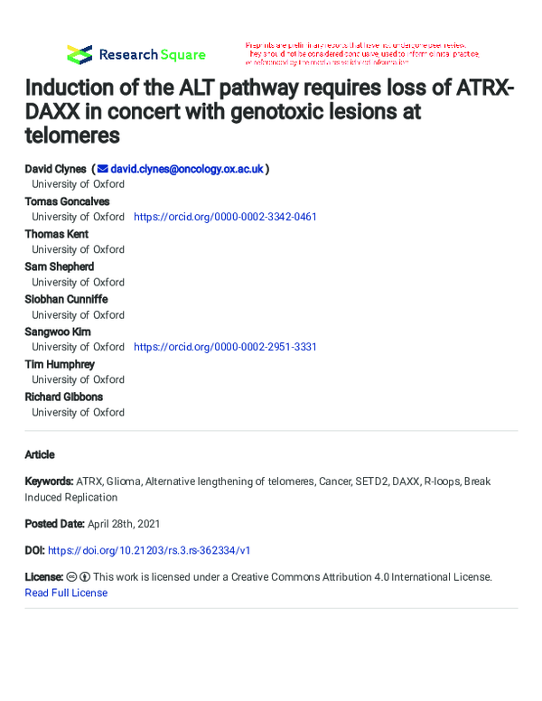 (PDF) Induction of the ALT pathway requires loss of ATRX-DAXX in ...