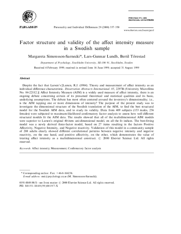 (PDF) Factor structure and validity of the affect intensity measure in a Swedish sample