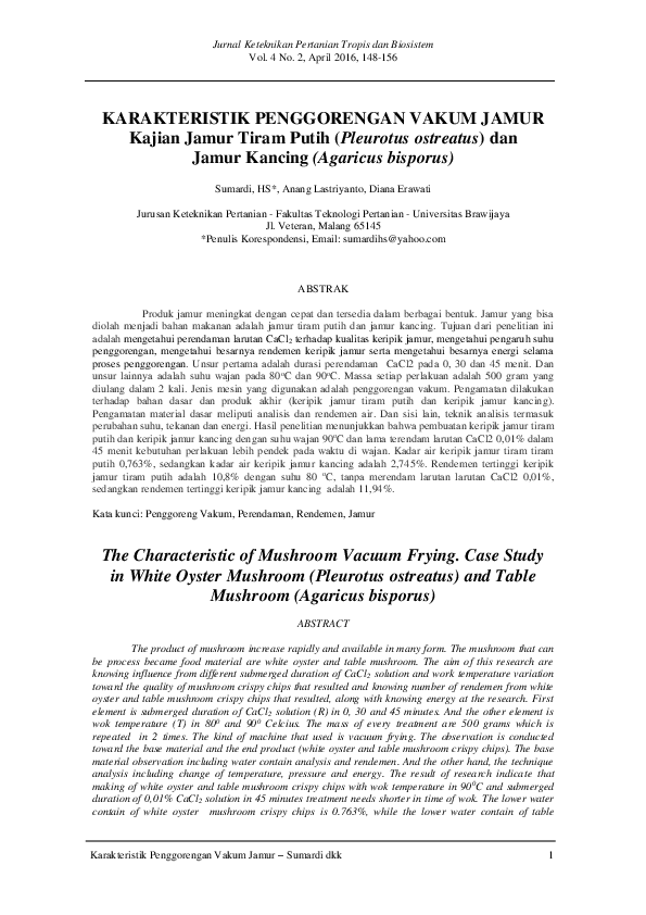 (PDF) KARAKTERISTIK PENGGORENGAN VAKUM JAMUR Kajian Jamur Tiram Putih ...