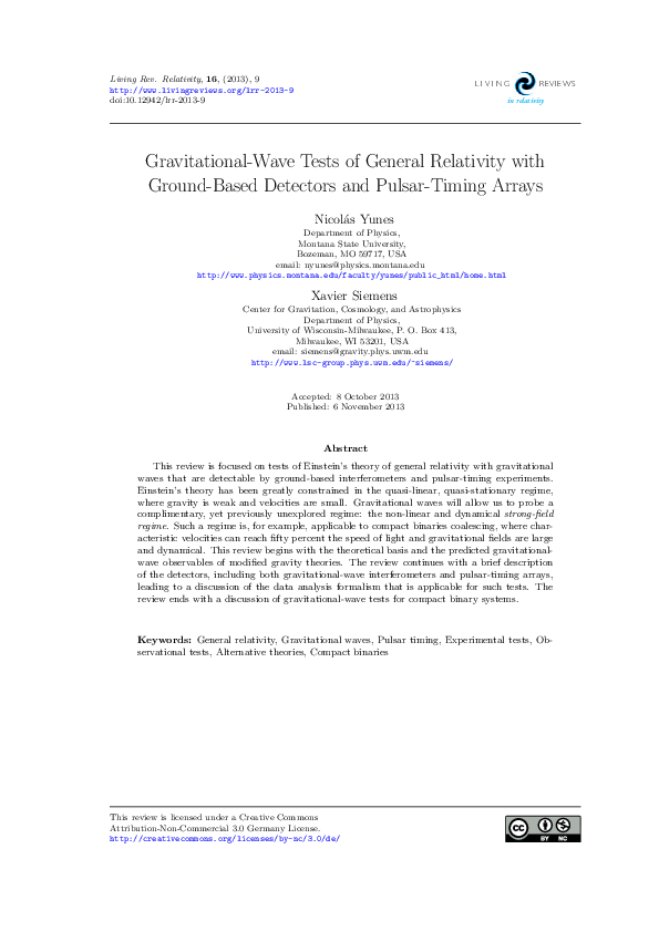 Pdf Gravitational Wave Tests Of General Relativity With Ground Based