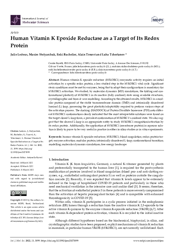 (PDF) Human Vitamin K Epoxide Reductase as a Target of Its Redox Protein