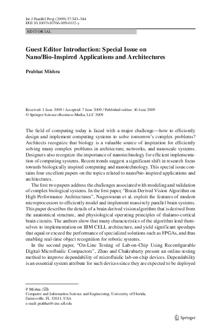 (PDF) Guest Editor Introduction: Special Issue on Nano/Bio-Inspired Applications and Architectures