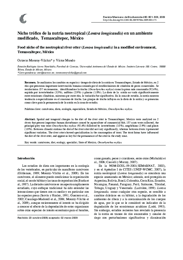 (PDF) Nicho trófico de la nutria neotropical (Lontra longicaudis) en un ...
