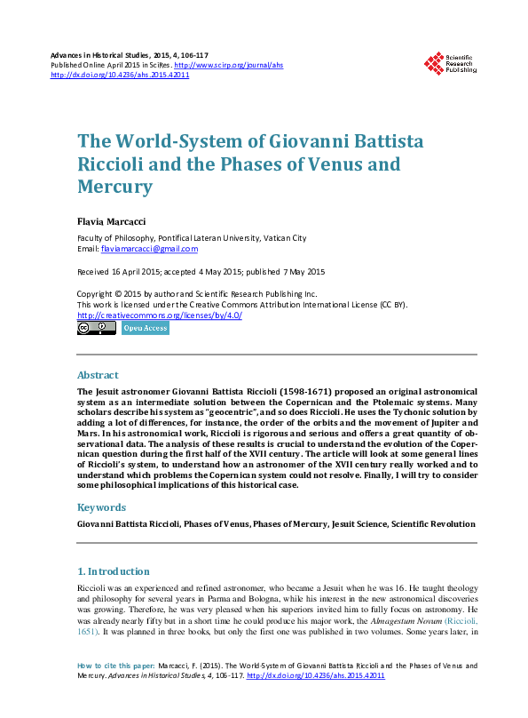 (PDF) The World-System of Giovanni Battista Riccioli and the Phases of ...