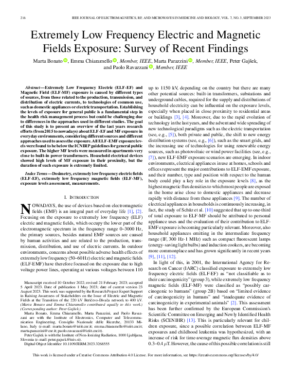 (PDF) Extremely Low Frequency Electric and Magnetic Fields Exposure: Survey of Recent Findings