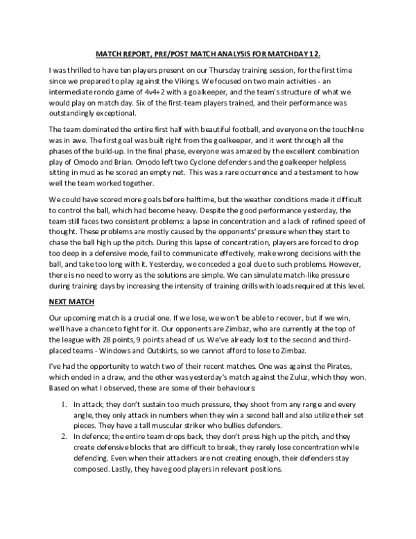(PDF) MATCH REPORT, PRE/POST MATCH ANALYSIS FOR MATCHDAY 12