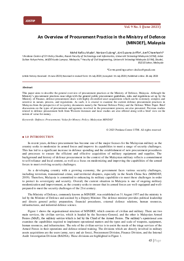 (PDF) An Overview of Procurement Practice in the Ministry of Defence (MINDEF), Malaysia