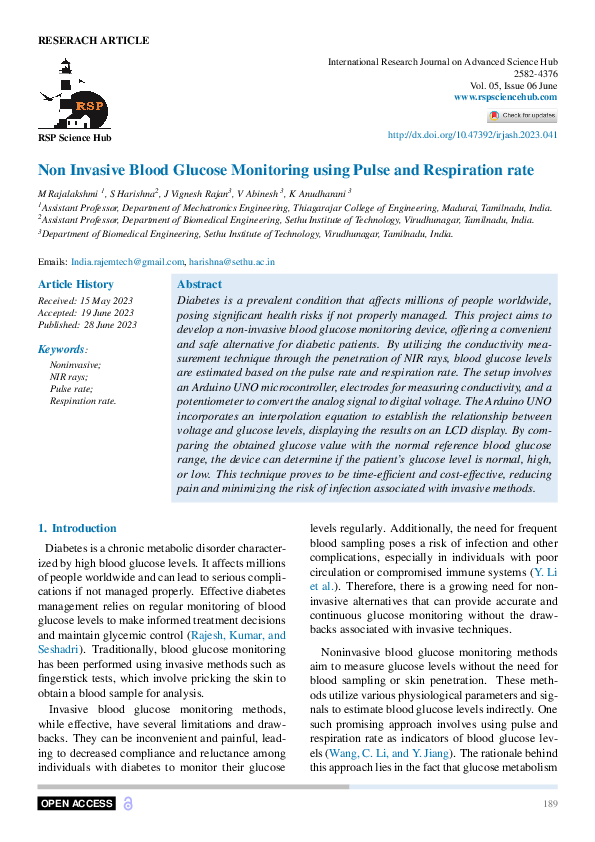 (PDF) Non Invasive Blood Glucose Monitoring using Pulse and Respiration rate