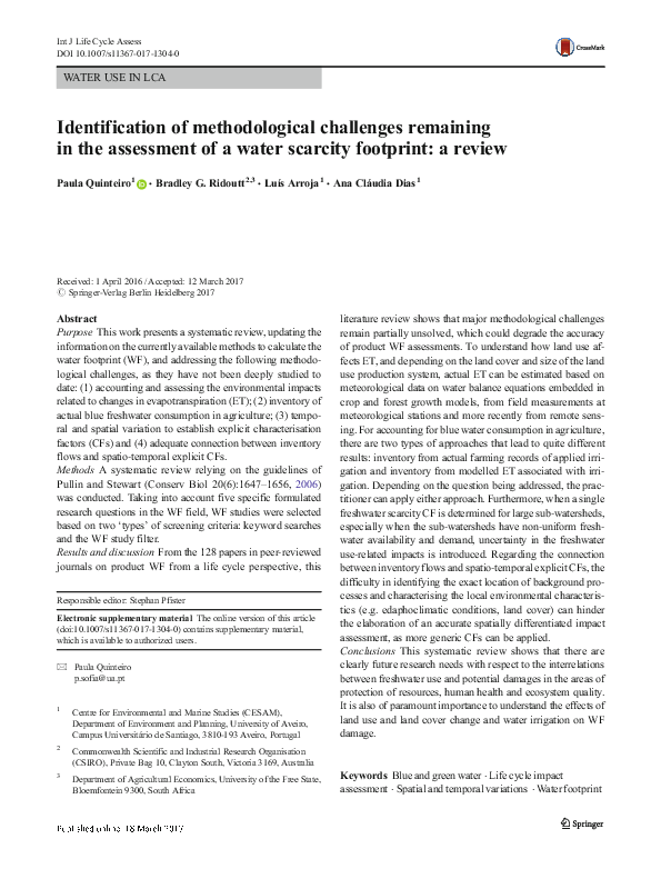 (PDF) Identification of methodological challenges remaining in the assessment of a water ...
