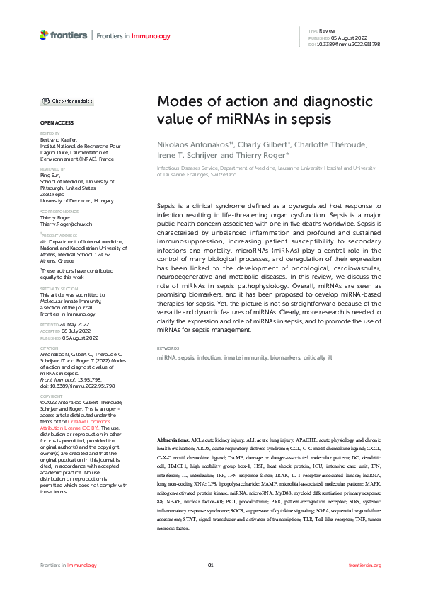 Pdf Modes Of Action And Diagnostic Value Of Mirnas In Sepsis
