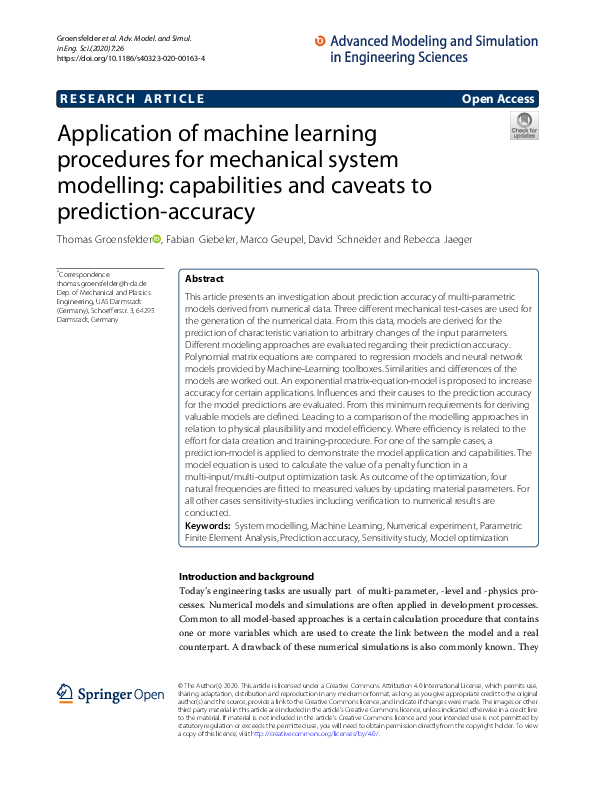 (PDF) Application of machine learning procedures for mechanical system ...