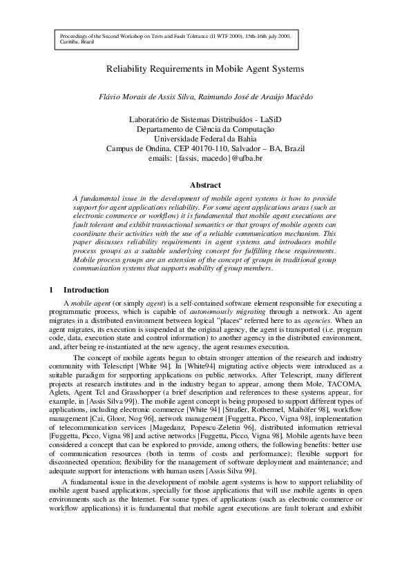 (PDF) Reliability Requirements in Mobile Agent Systems