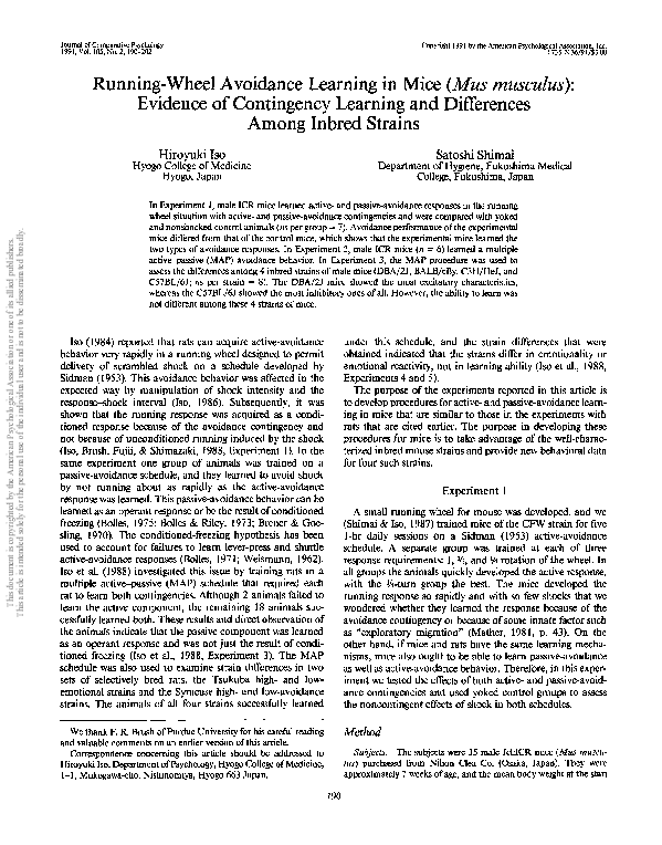 (PDF) Running-wheel avoidance learning in mice (Mus musculus): Evidence ...