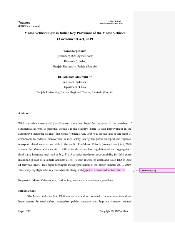 (PDF) Motor Vehicles Law in India: Key Provisions of the Motor Vehicles (Amendment) Act, 2019