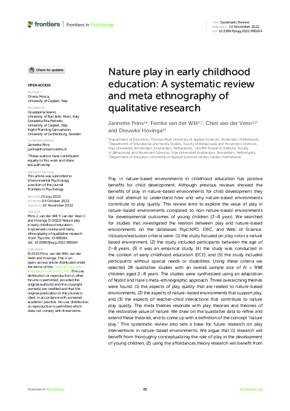 (PDF) Nature play in early childhood education: A systematic review and meta ethnography of ...