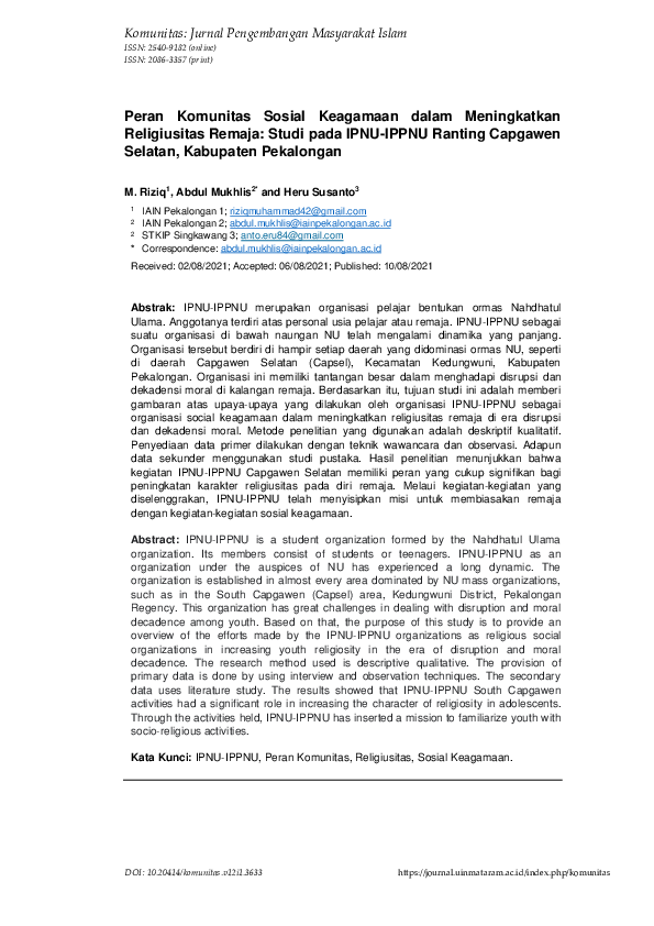 (PDF) Peran Komunitas Sosial Keagamaan dalam Meningkatkan Religiusitas Remaja: Studi pada IPNU ...