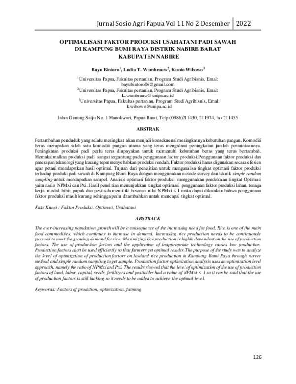 (PDF) Optimalisasi Faktor Produksi Usahatani Padi Sawah DI Kampung Bumi Raya Distrik Nabire ...