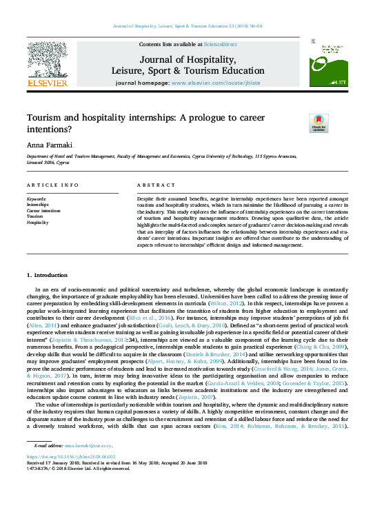 (PDF) Tourism and hospitality internships: A prologue to career intentions?