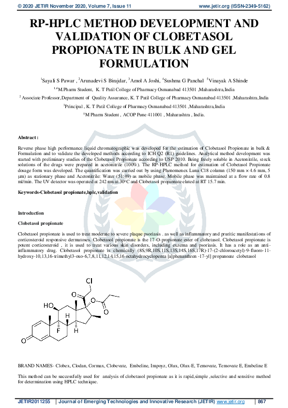 (PDF) RP-HPLC Method Development and Validation of Clobetasol Propionate In Bulk and Gel Formulation