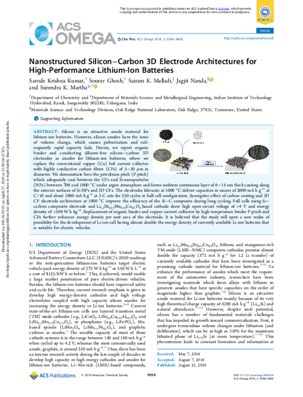 (PDF) Nanostructured Silicon–Carbon 3D Electrode Architectures for High-Performance Lithium-Ion ...