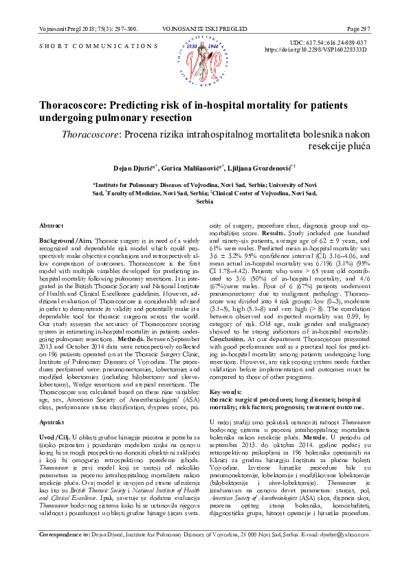 (PDF) Thoracoscore: Predicting risk of in-hospital mortality for ...