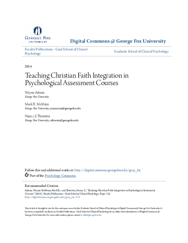 (PDF) Teaching Christian Faith Integration in Psychological Assessment ...