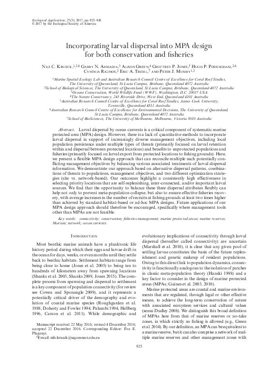(PDF) Incorporating larval dispersal into MPA design for both ...