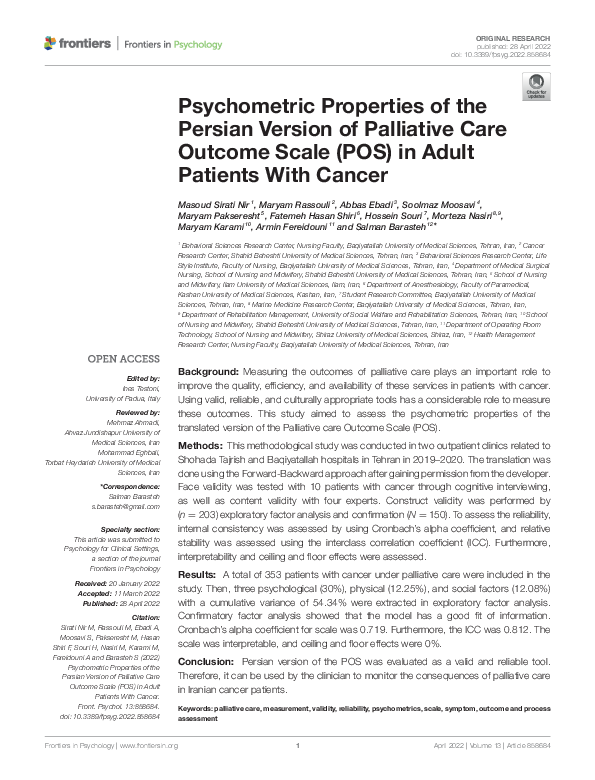 (PDF) Psychometric Properties of the Persian Version of Palliative Care Outcome Scale (POS) in ...