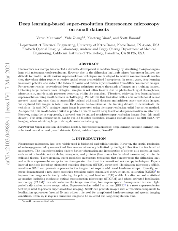 Pdf Deep Learning Based Super Resolution Fluorescence Microscopy On Small Datasets
