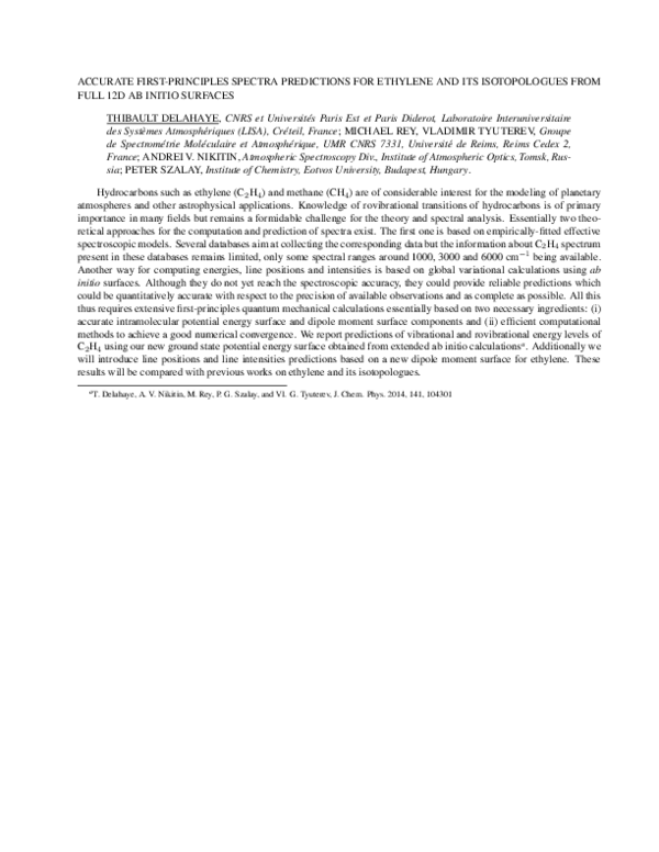 (PDF) Accurate First-Principles Spectra Predictions for Ethylene and ...