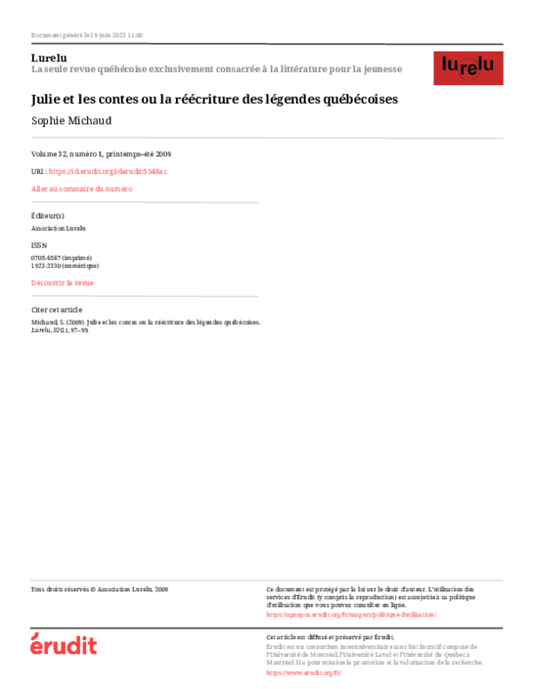 (PDF) Julie et les contes ou la réécriture des légendes québécoises