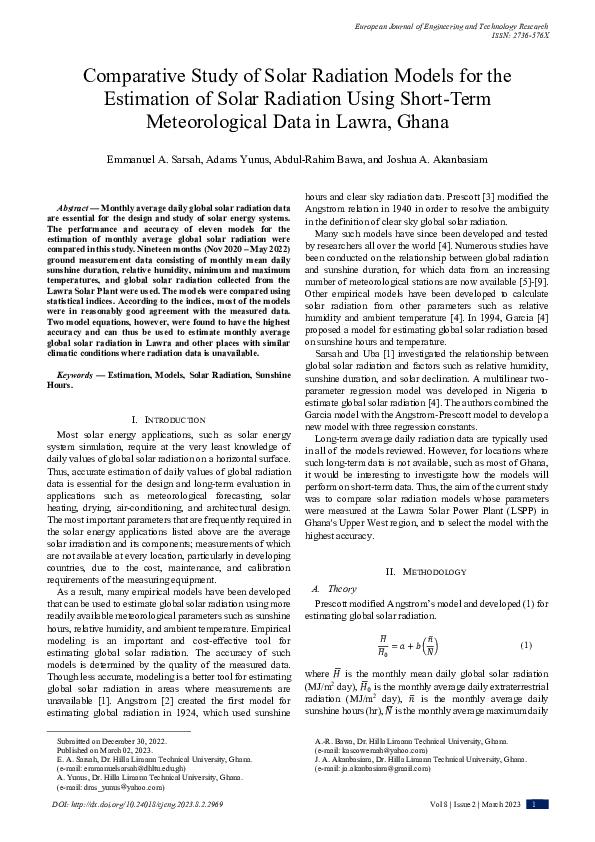 (PDF) Comparative Study of Solar Radiation Models for the