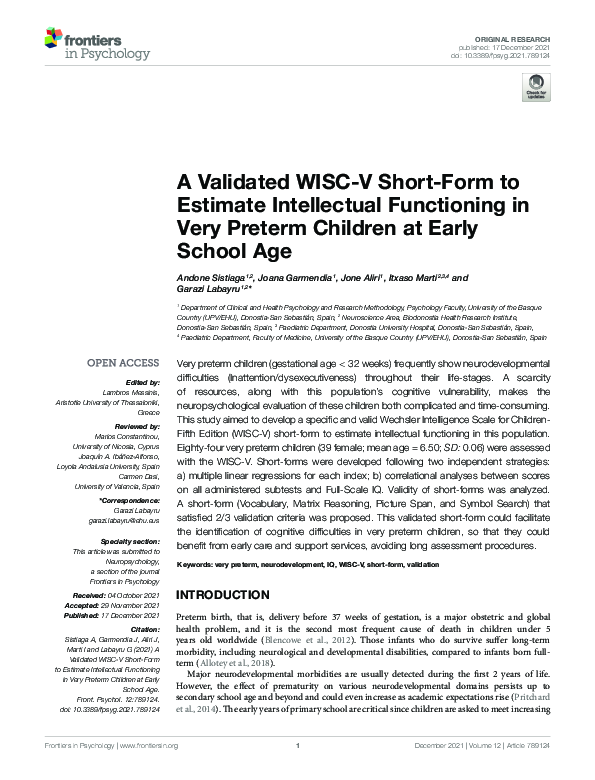 A Validated WISC-V Short-Form to Estimate Intellectual Functioning in ...