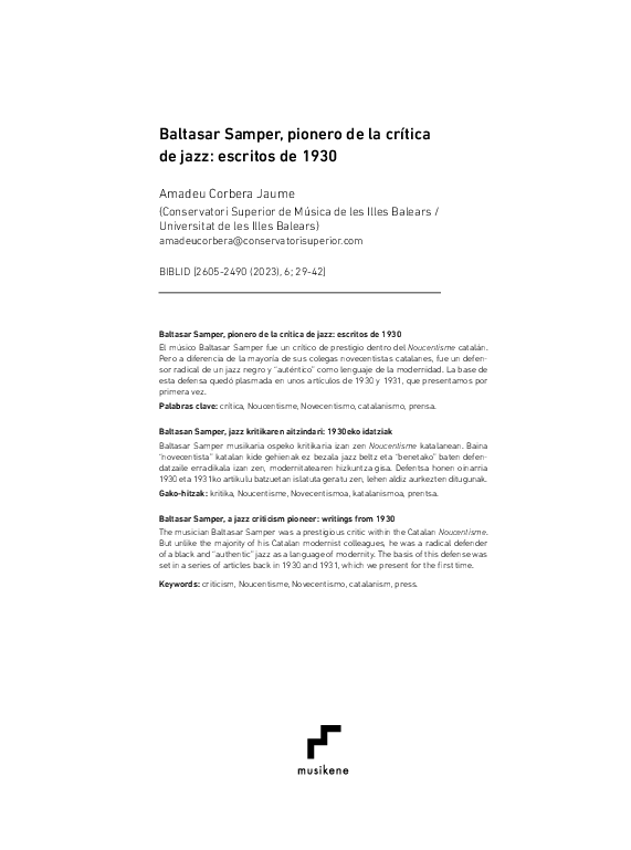 (PDF) Baltasar Samper, pionero de la crítica de jazz: escritos de 1930