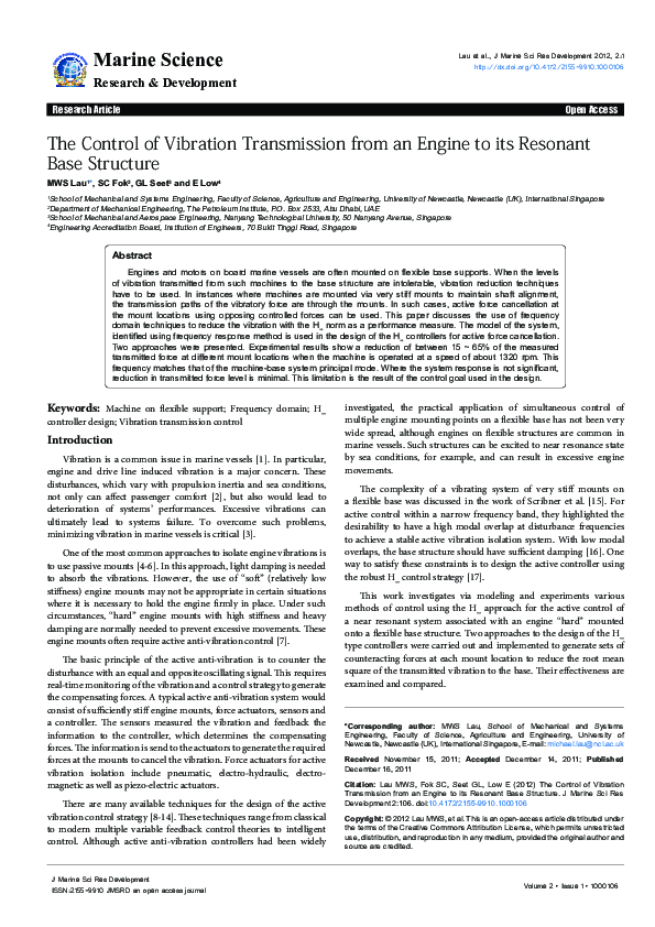 (PDF) The Control of Vibration Transmission from an Engine to its Resonant Base Structure