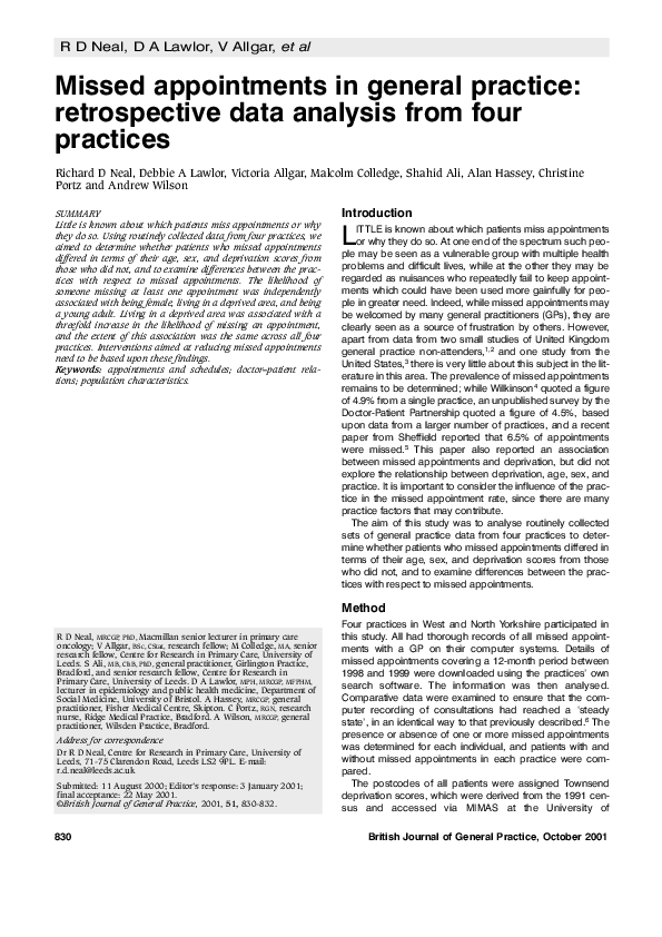 (PDF) Missed appointments in general practice: retrospective data ...