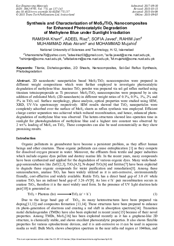 (PDF) Synthesis and Characterization of MoS2/TiO2 Nanocomposites for ...