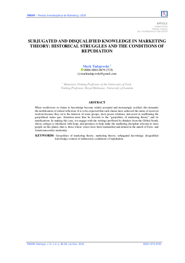 (PDF) Subjugated and Disqualified Knowledge in Marketing Theory ...
