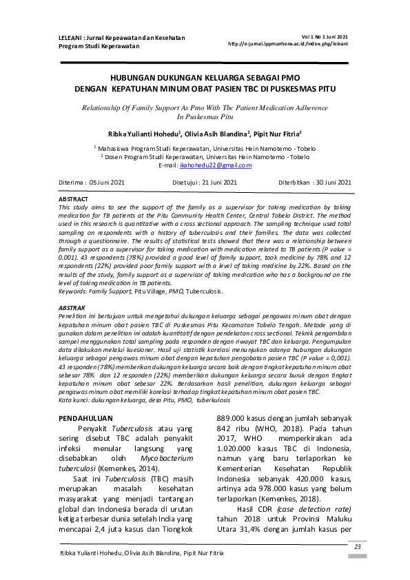 (PDF) Hubungan Dukungan Keluarga Sebagai Pmo Dengan Kepatuhan Minum Obat Pasien TBC DI Puskesmas ...
