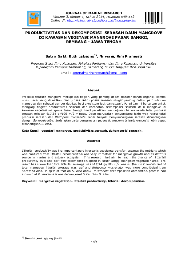 (PDF) Produktivitas Dan Dekomposisi Serasah Daun Mangrove Di Kawasan ...