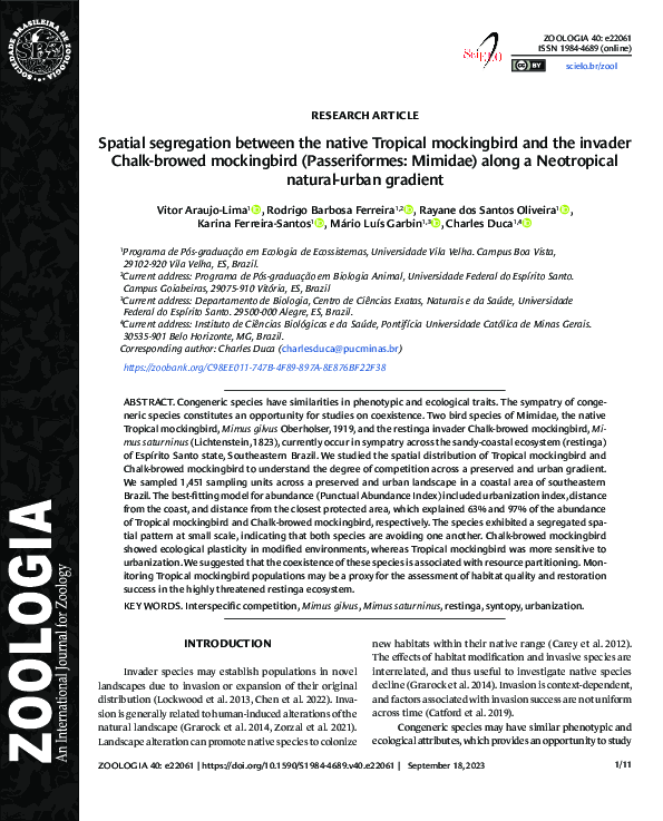 (PDF) Spatial segregation between the native Tropical mockingbird and ...