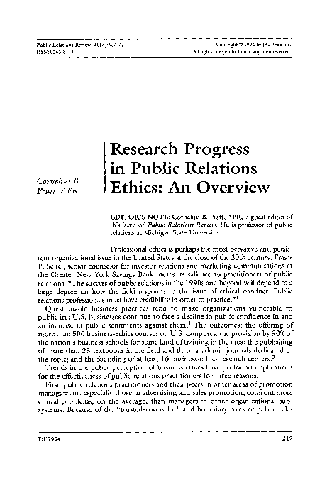 (PDF) Research progress in public relations ethics: An overview