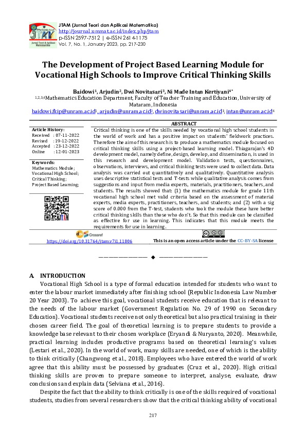 (PDF) The Development of Project Based Learning Module for Vocational High Schools to Improve ...