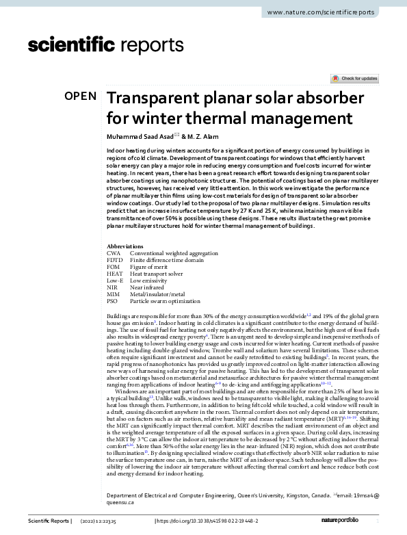 (PDF) Transparent planar solar absorber for winter thermal management