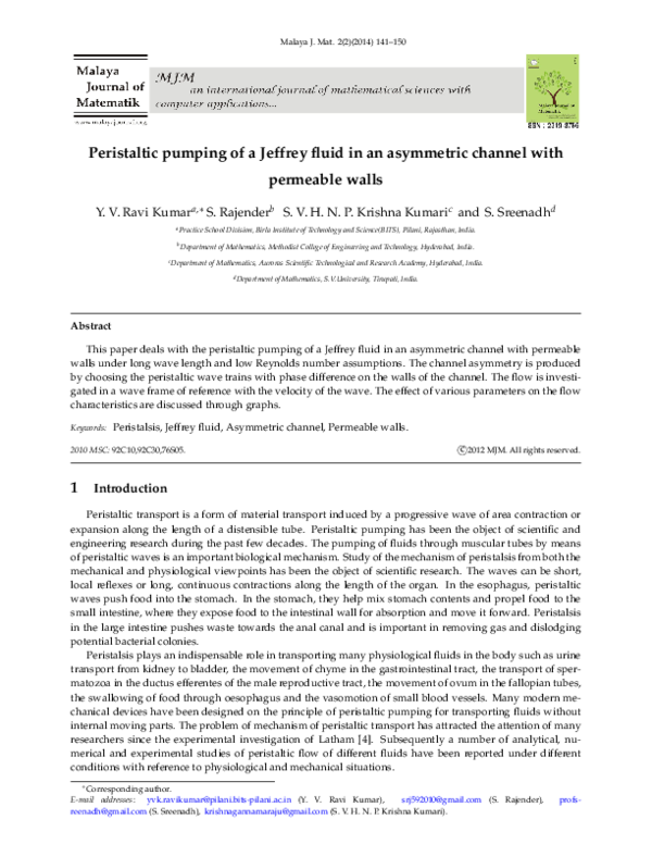 (PDF) Peristaltic pumping of a Jeffrey fluid in an asymmetric channel ...